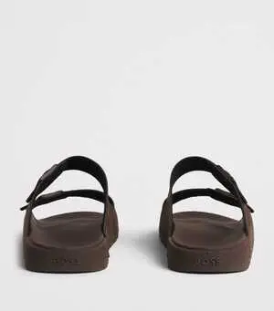 BOSS Faux Suede Buckled Slides - Brown
