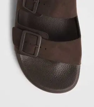 BOSS Faux Suede Buckled Slides - Brown
