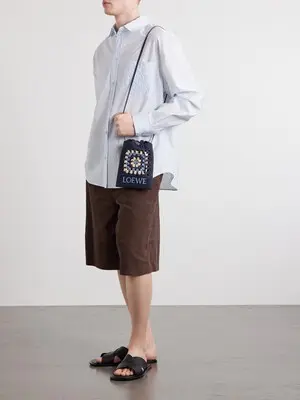 Loewe Crocheted Raffia Bucket Bag With Embroidered Logo - Blue