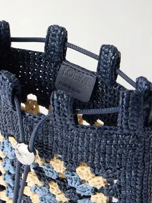 Loewe Crocheted Raffia Bucket Bag With Embroidered Logo - Blue