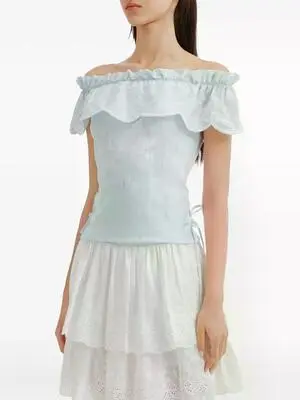 TOUT A COUP Off-shoulder Broderie-anglaise Top - Blue