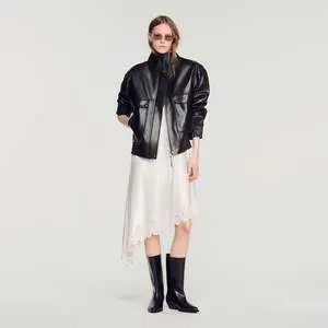 Sandro Standing Collar Leather Jacket - Black Brown