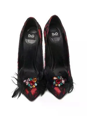 Dolce & Gabbana Feather Crystal Embellished Lace Pumps