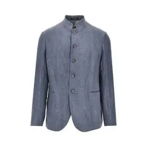 Emporio Armani Linen-blend Crepe Jacket With Guru Collar - Grey