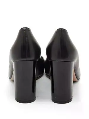 FERRAGAMO Leather Block Heel Pumps With Silver-tone Orb Embellishment