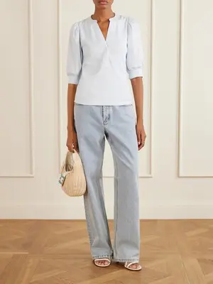 Veronica Beard Coralee Poplin And Ribbed Stretch-pima Cotton-jersey Top - Blue