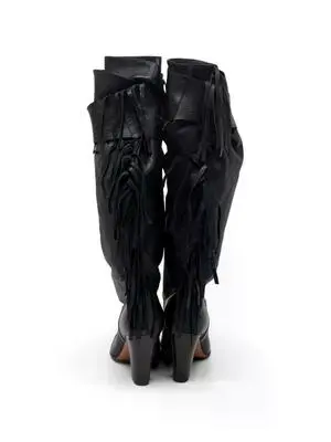 Casadei Leather Fringe Detail Pointed Toe Block Heel Boots