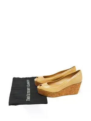 JIMMY CHOO Beige Patent Leather Peep Toe Cork Wedge Pumps