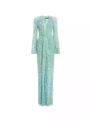 Jenny Packham Embellished Plunge V-neck Long Sleeve Gown
