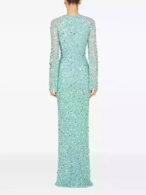 Jenny Packham Embellished Plunge V-neck Long Sleeve Gown