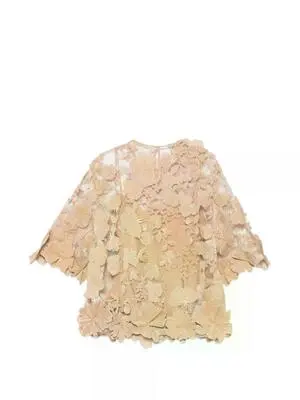 Elie Saab Floral Appliqué Mesh Top - Neutrals