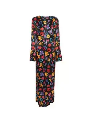 Moschino Multicolor Satin Printed Maxi Dress - Black