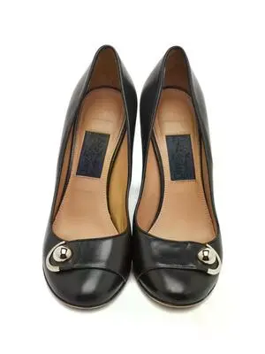 FERRAGAMO Leather Block Heel Pumps With Silver-tone Embellishment