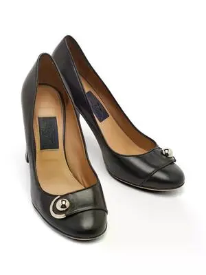 FERRAGAMO Leather Block Heel Pumps With Silver-tone Embellishment