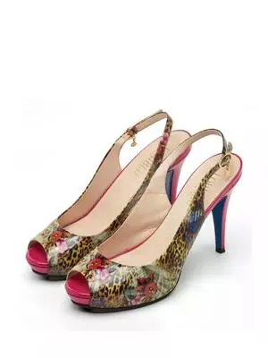 LORIBLU Floral Leopard-print Patent Leather Peep-toe Slingback Sandals