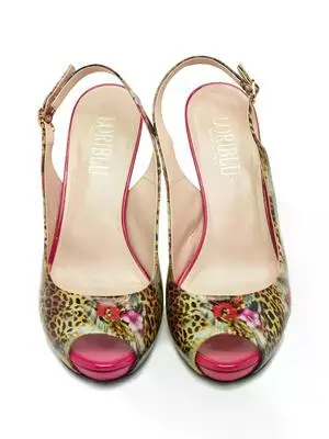 LORIBLU Floral Leopard-print Patent Leather Peep-toe Slingback Sandals