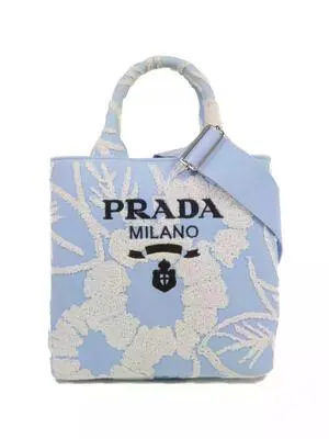 Prada Floral Print Logo Embroidered Tote Bag - Blue