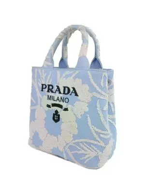 Prada Floral Print Logo Embroidered Tote Bag