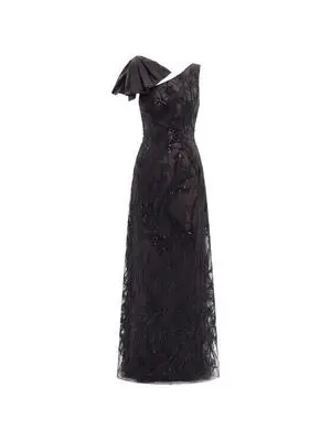 SAIID KOBEISY Asymmetrical Embroidered Maxi Dress - Black