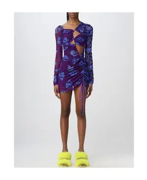 Versace Long Sleeve Graphic Print Cut-out Mini Dress