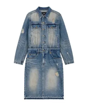 We11Done Distressed Denim Long-sleeve Dress With Multi-pocket Design