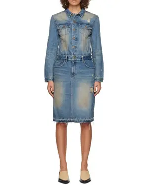 We11Done Distressed Denim Long-sleeve Dress With Multi-pocket Design