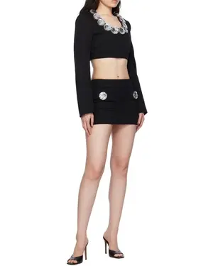AREA Crystal Embellished Wool Mini Skirt