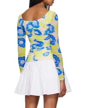 GANNI Mesh Ruched Floral Long Sleeve Top - Multicolor