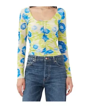 GANNI Mesh Ruched Floral Long Sleeve Top - Multicolor