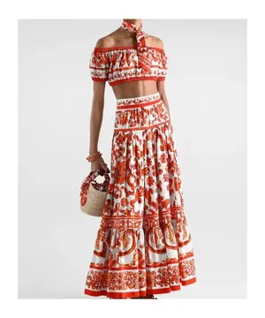 Dolce & Gabbana Majolica-printed Poplin Off-the-shoulder Top - Red