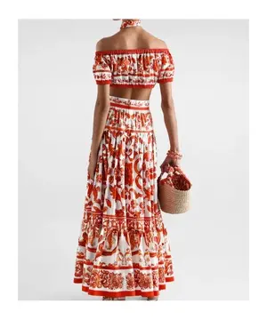 Dolce & Gabbana Majolica-printed Poplin Off-the-shoulder Top - Red