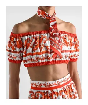 Dolce & Gabbana Majolica-printed Poplin Off-the-shoulder Top - Red