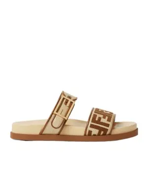 Fendi Raffia-effect Flat Slides With Ff Buckle - Beige