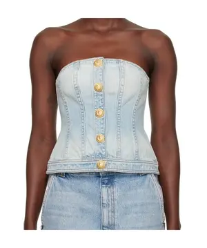 Balmain Buttoned Light Denim Corset Top