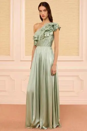 Ulla Johnson Avalina Ruffled Silk One Shoulder Gown - Celadon