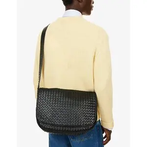 Bottega Veneta Large Woven Leather Messenger Bag - Black-silver