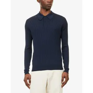 John Smedley Ribbed Merino-wool Long Sleeve Polo Jumper - Midnight
