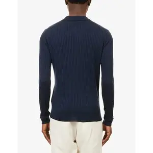 John Smedley Ribbed Merino-wool Long Sleeve Polo Jumper - Midnight