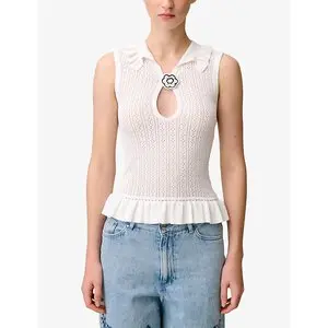 Claudie Pierlot Sleeveless Pointelle Knitted Top With Ruffled Collar And Hem
