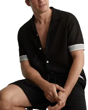 REISS Aliso Short Sleeve Crochet Tape Cuban Shirt - Black