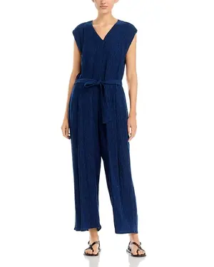 Eileen Fisher Plisse V-neck Wide-leg Jumpsuit - Deep Dive