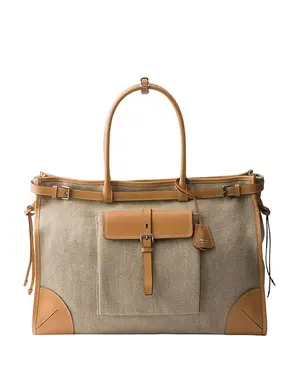 Prada Bonnie Linen And Leather Tote Bag - Neutral