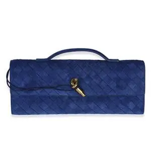 Bottega Veneta Suede Nappa Intrecciato Long Andiamo Top Handle Clutch - Blue