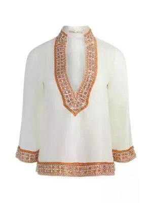 Alice + Olivia Eleonora Embellished Linen Tunic Top - Neutrals
