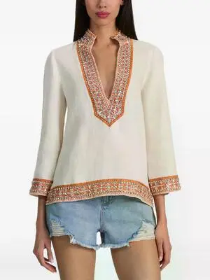 Alice + Olivia Eleonora Embellished Linen Tunic Top