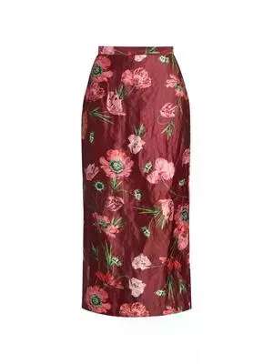 Erdem Textured Satin Floral Print Skirt - Red