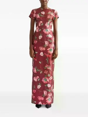 Erdem Textured Satin Floral Print Gown - Red