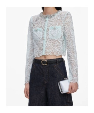 SELF-PORTRAIT Cropped Lace Embellished Jacket - Mint