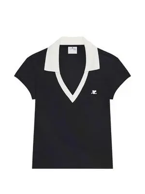 COURREGES Cropped V-neck Piqué T-shirt - Black