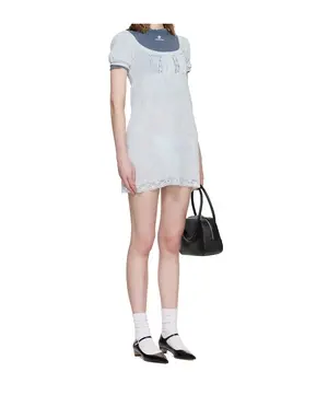 SHUSHU/TONG Short Sleeve Dress With Lace Trim And Puff Sleeves